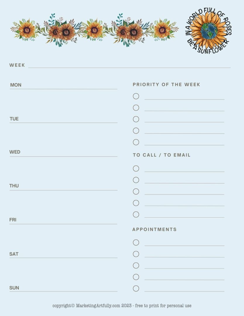 Motivational Weekly Planner Pages – Free Printables – Marketing Artfully