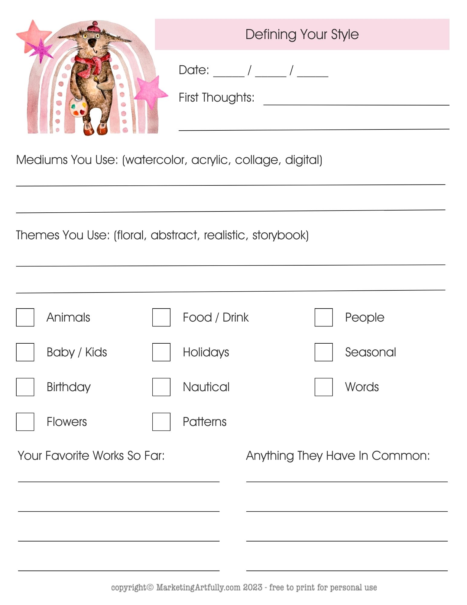 Free Artist Worksheets! To Dos, Ideas and Find Your Style