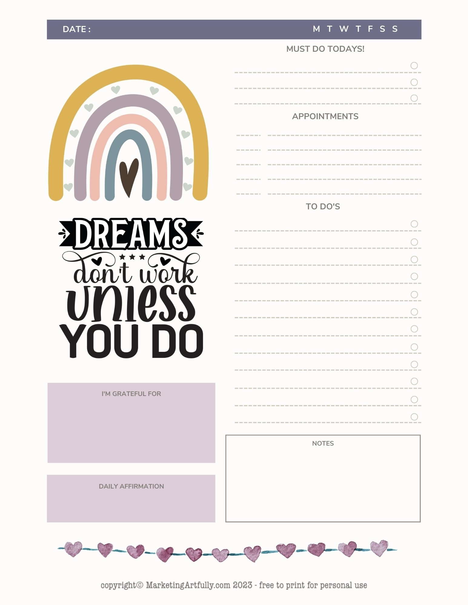 Dreams Don’t Work Unless You Do – Free Printable Planner – Marketing ...