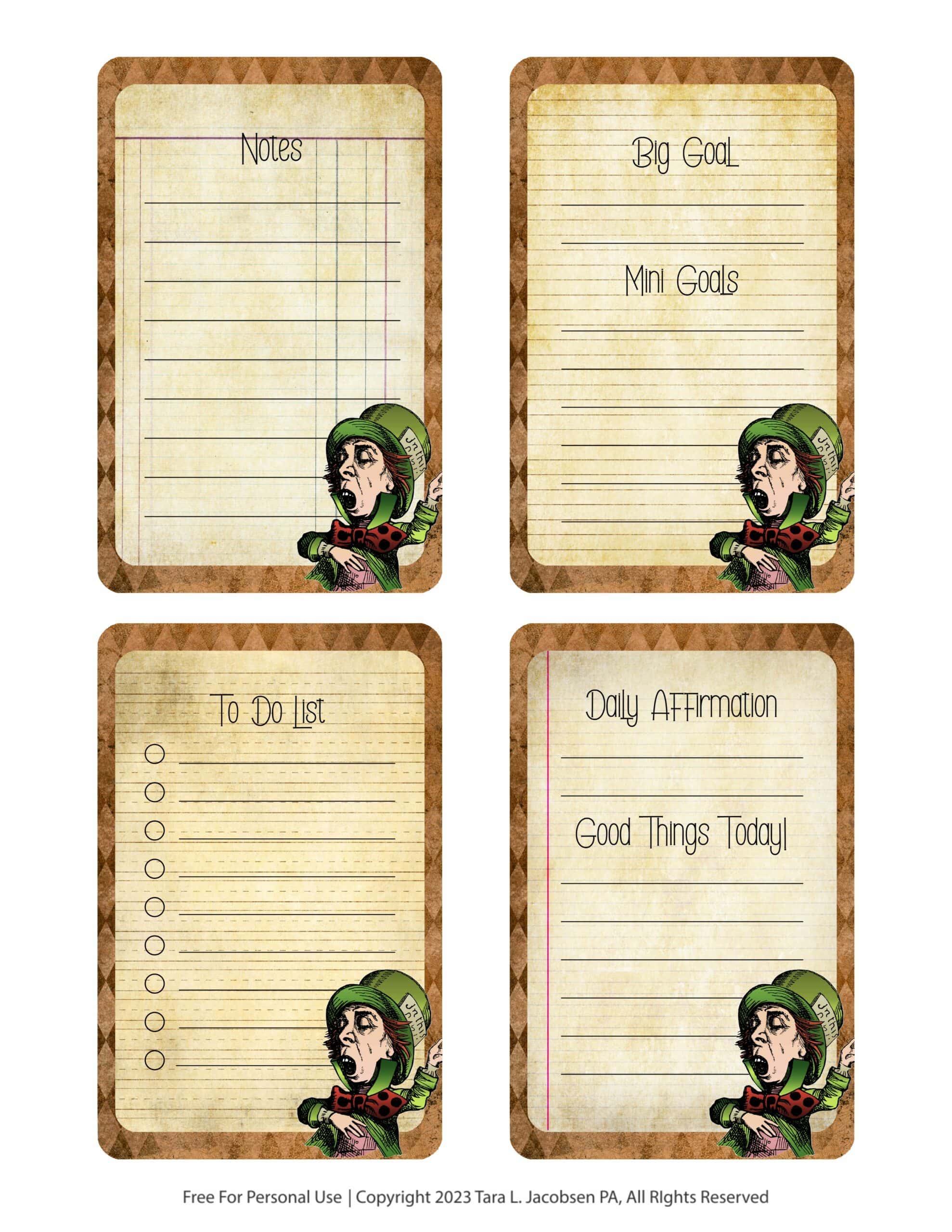 Alice In Wonderland Planner Journal Cards - Free Printable