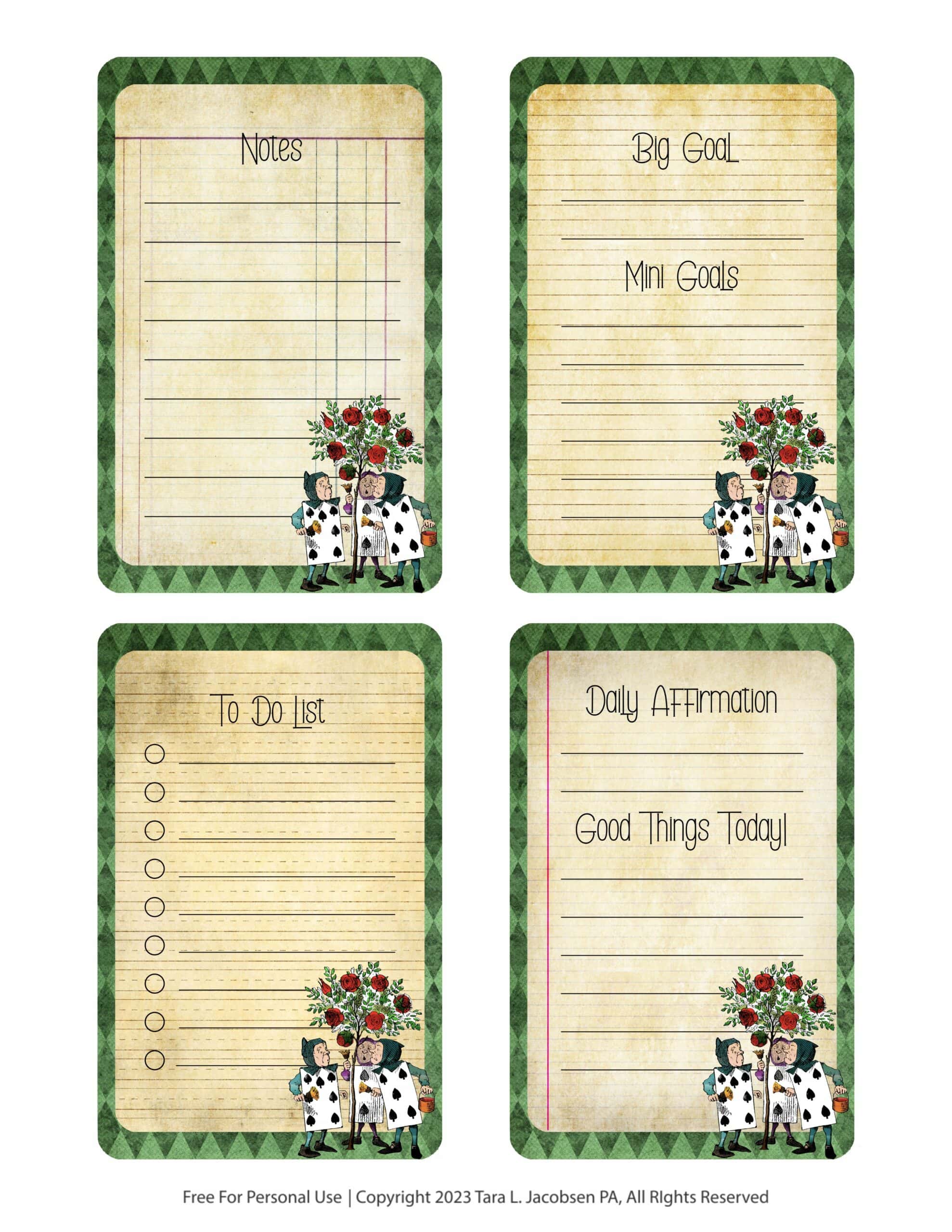 Alice In Wonderland Planner Journal Cards – Free Printable – Marketing ...