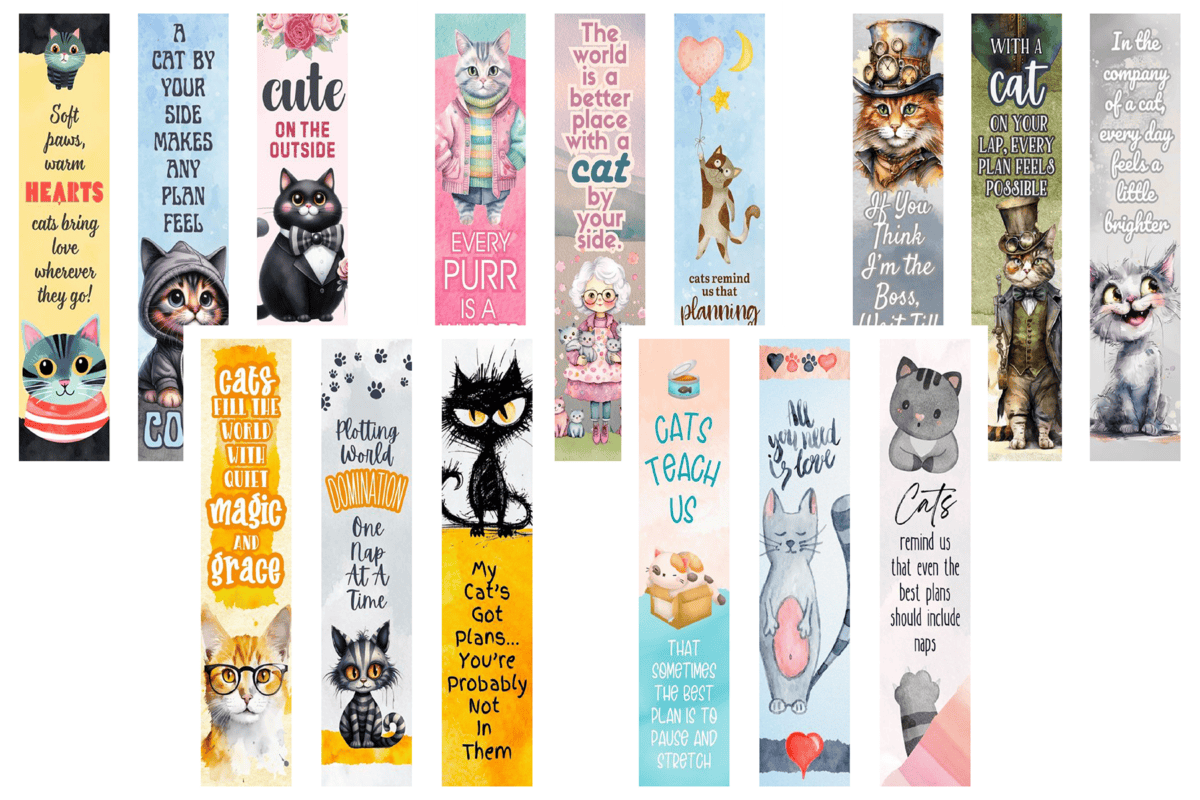 15 Curious Cats Bookmarks - Free Printable