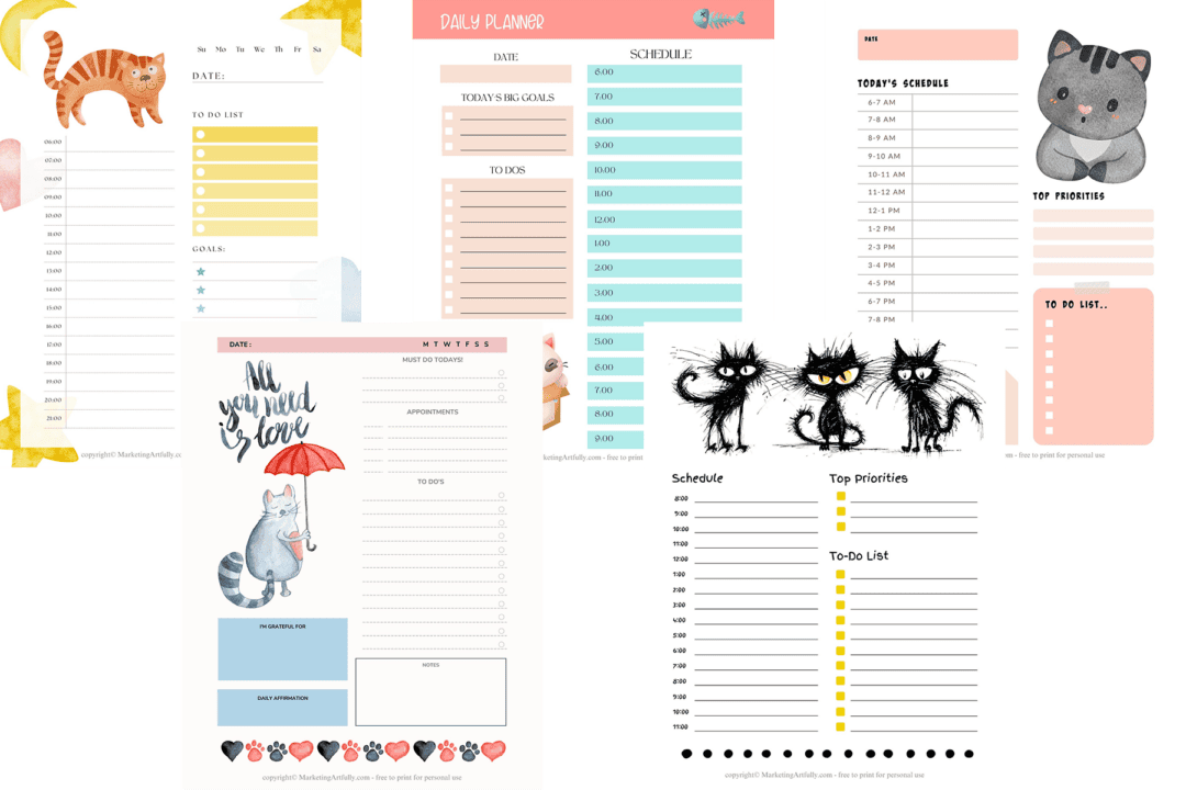 5 Printable Daily Planner Pages - Cats