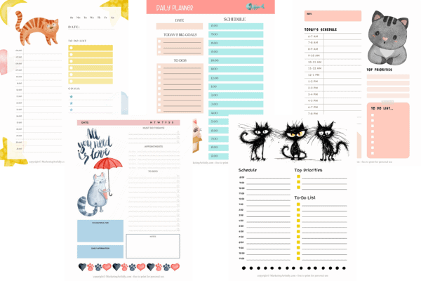 5 Printable Daily Planner Pages - Cats