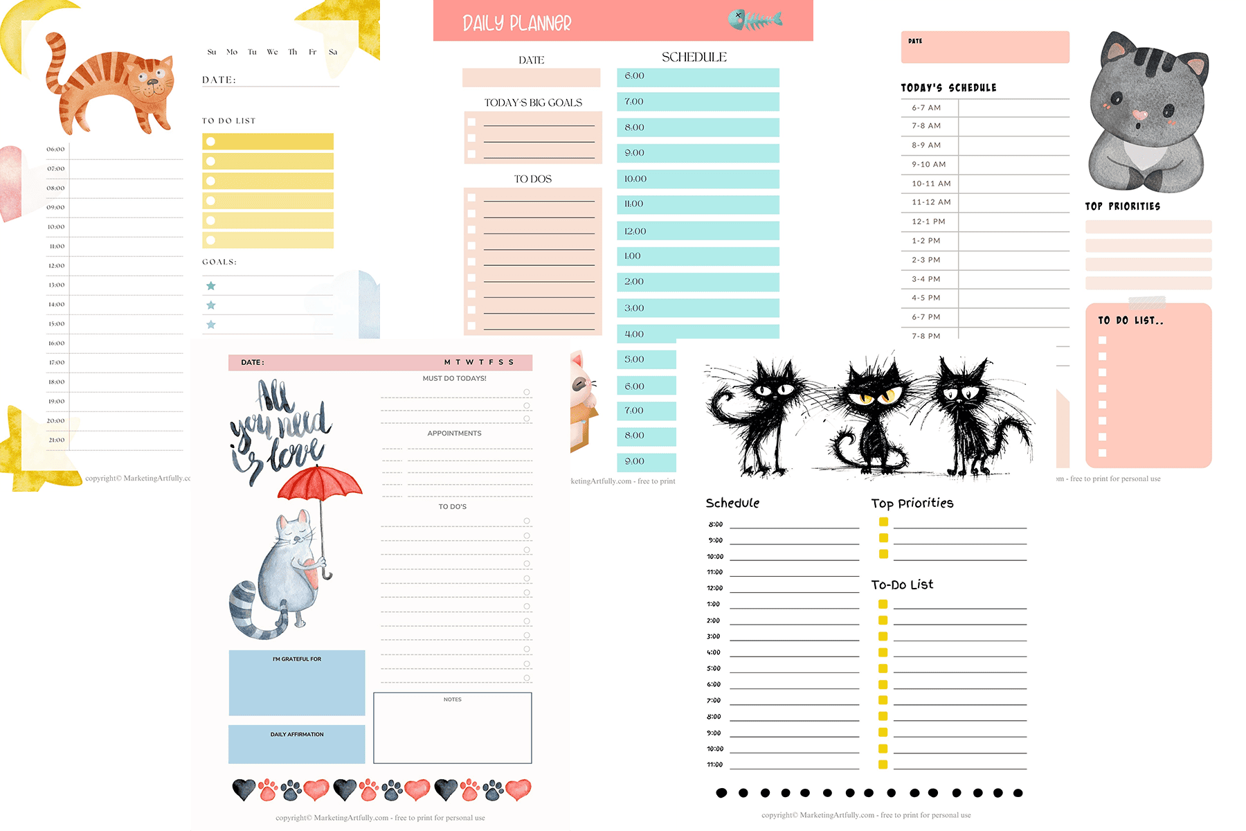 5 Printable Daily Planner Pages - Cats