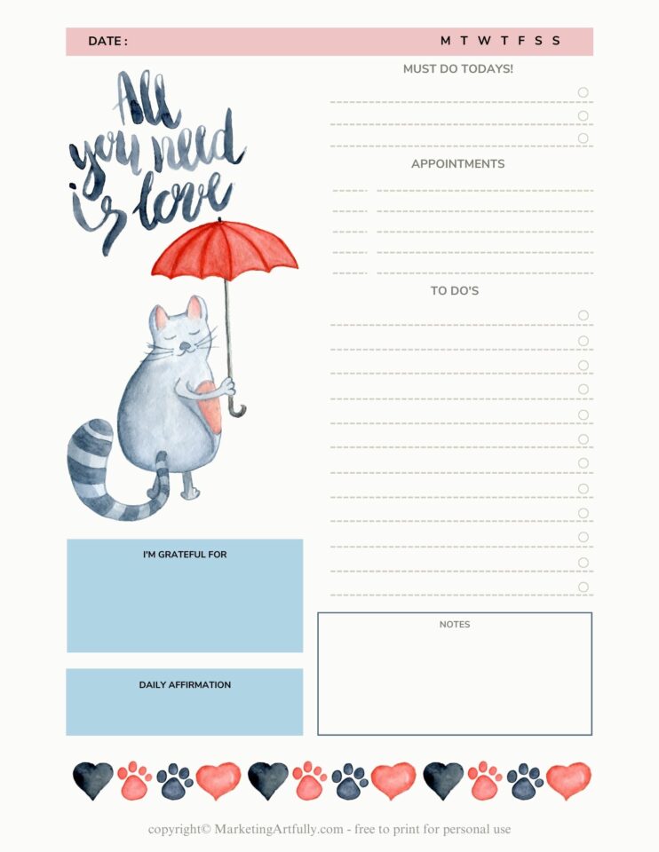 5 Printable Daily Planner Pages – Cats – Marketing Artfully