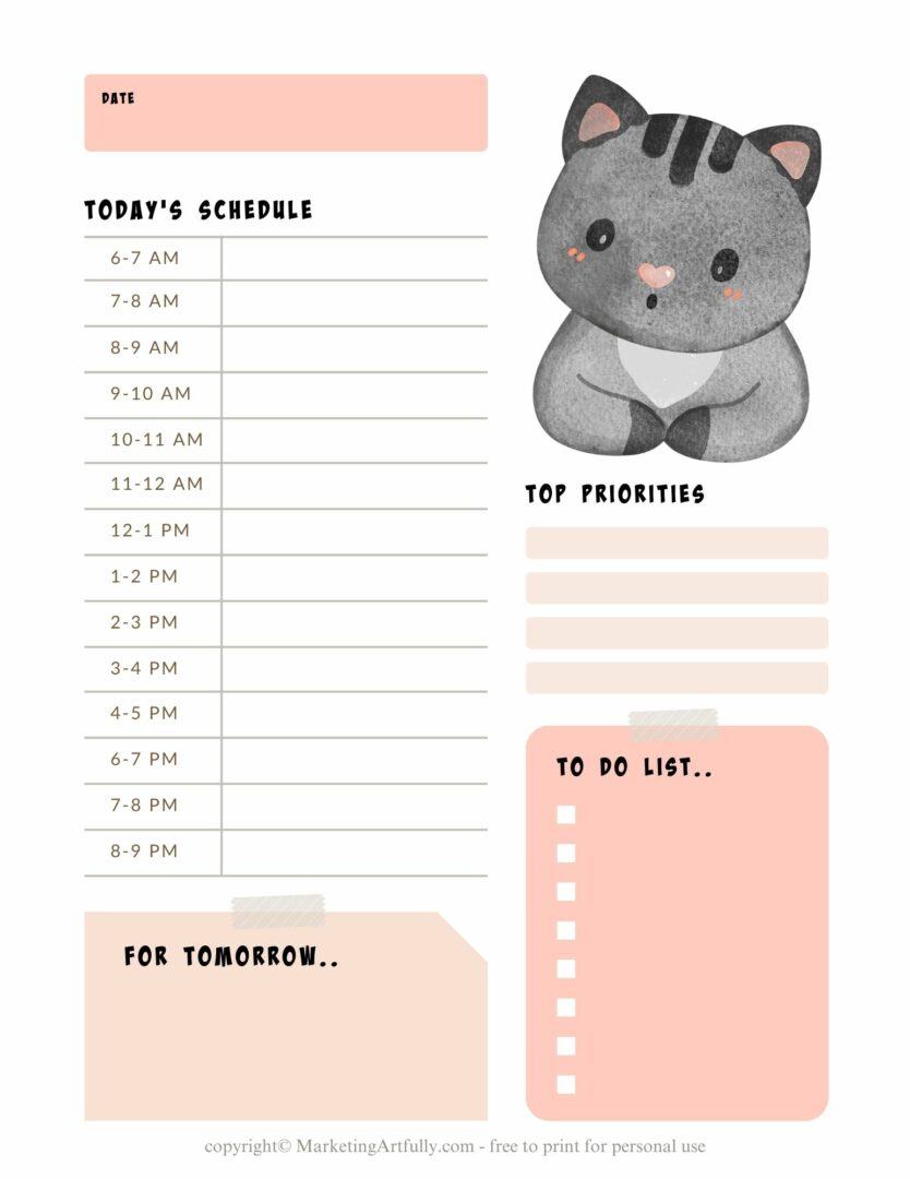 Gray and Pink Cats Planner – Free Printable – Marketing Artfully