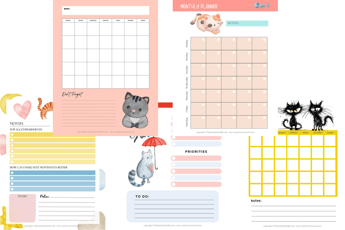 5 Printable Cat Planner Pages – Monthly Planner Ideas – Marketing Artfully