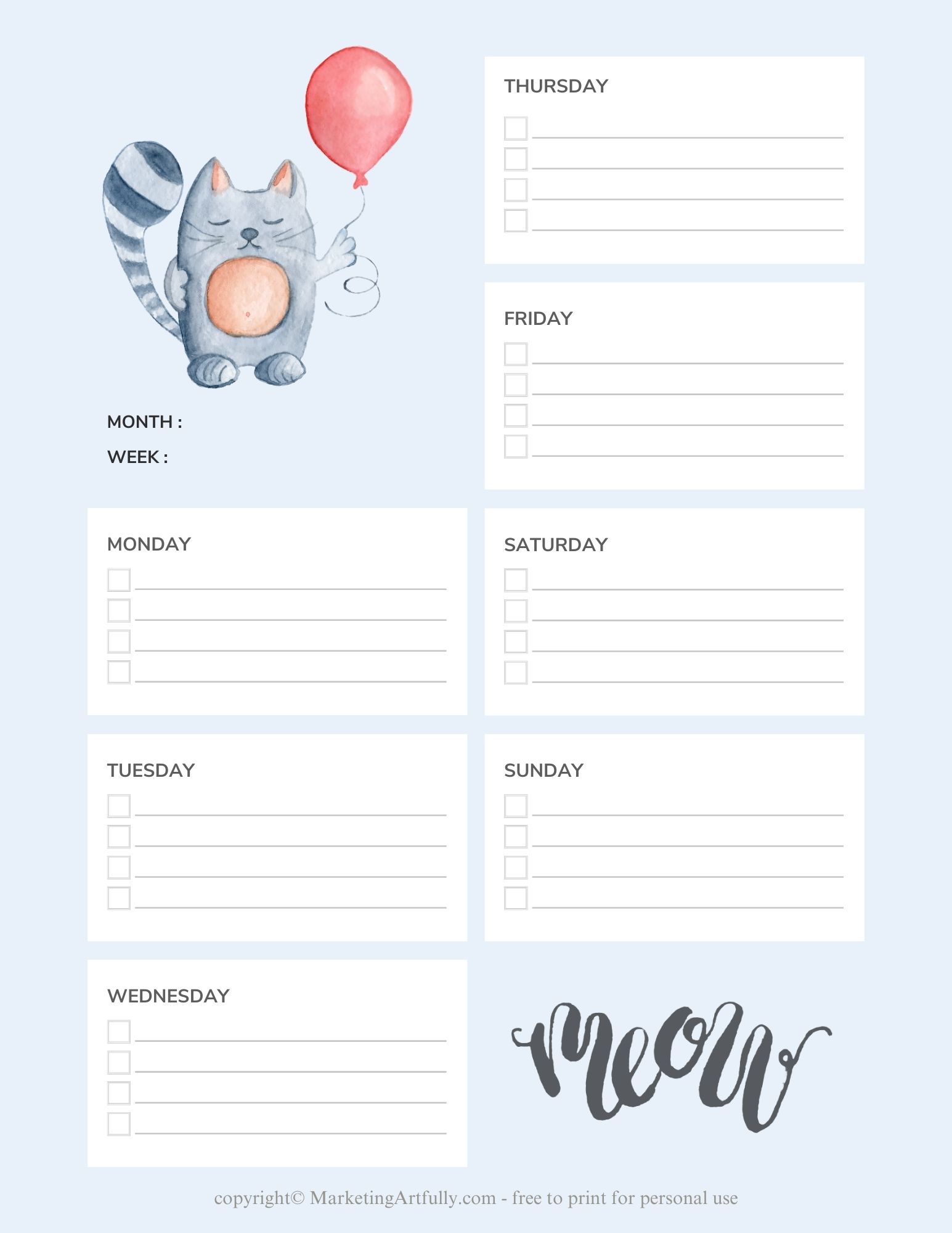Love Cats Free Printable Planner